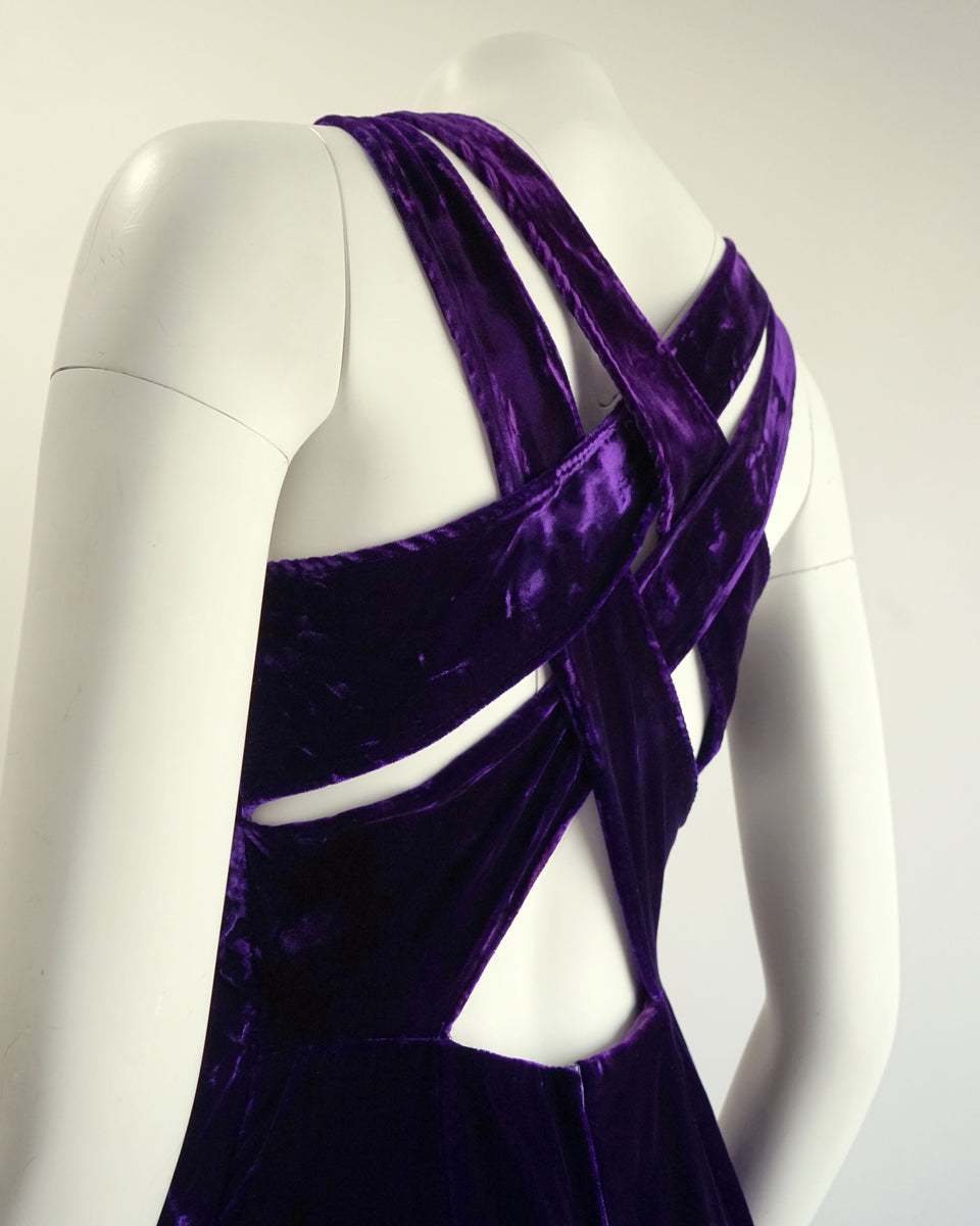 90s Royal Violet Velvet Criss Cross Back Cocktail Dress – Salama Vintage